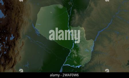 Paraguay highlighted on a Colored elevation map with lakes and rivers ...