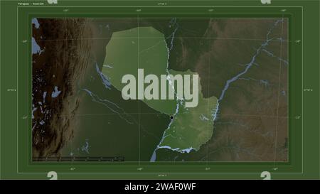 Paraguay highlighted on a Colored elevation map with lakes and rivers ...