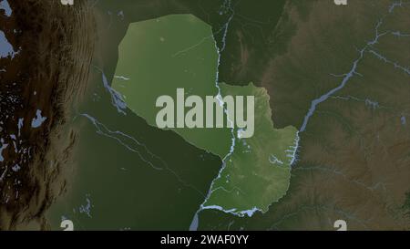 Paraguay highlighted on a Pale colored elevation map with lakes and ...
