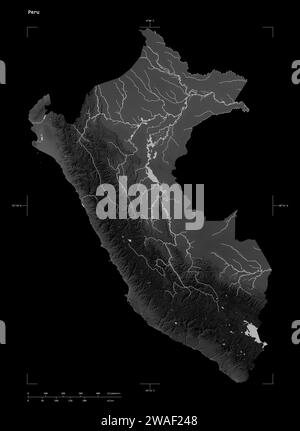 Lima, region of Peru. Grayscale elevation map with lakes and rivers ...