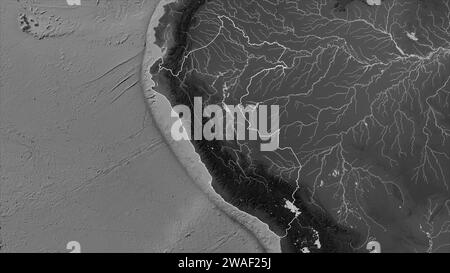 Lima, region of Peru. Grayscale elevation map with lakes and rivers ...