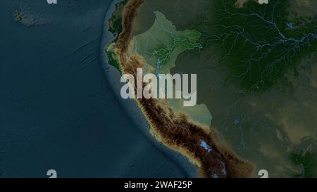 Peru highlighted on a elevation map colored in sepia tones with lakes ...