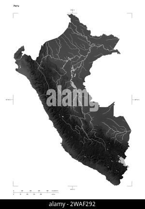 Lima, region of Peru. Grayscale elevation map with lakes and rivers ...