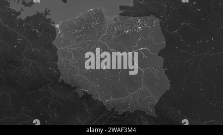 Poland highlighted on a Grayscale elevation map with lakes and rivers ...