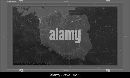 Poland highlighted on a Grayscale elevation map with lakes and rivers ...