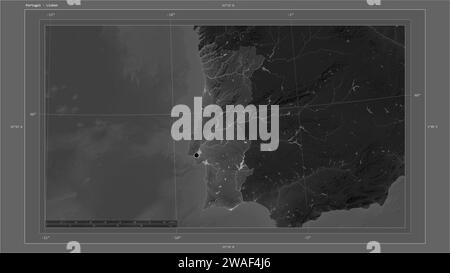 Portugal highlighted on a Grayscale elevation map with lakes and rivers ...