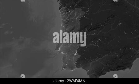 Portugal highlighted on a Grayscale elevation map with lakes and rivers ...