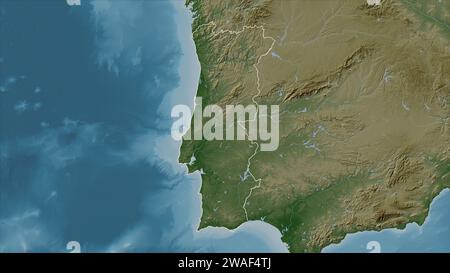 Portugal outlined on a Colored elevation map with lakes and rivers ...