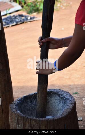 Traditional folk wisdom tribe karen people use large wooden mortar and ...