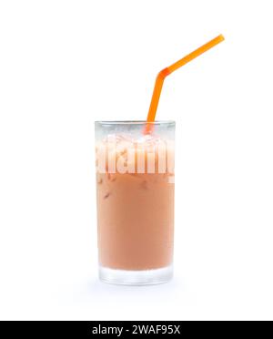 Orange Thai iced condensed milk tea in transparent glass is isolated on ...