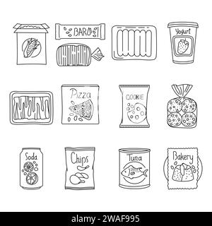 Hand drawn packaged buns color element. Cartoon Ultra processed food ...