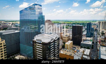 An aerial view of downtown Austin with modern buildings along the ...