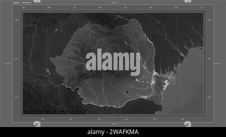 Romania highlighted on a Grayscale elevation map with lakes and rivers ...