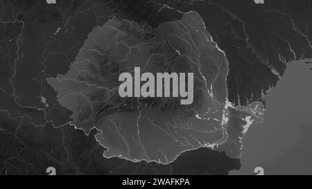 Romania highlighted on a Grayscale elevation map with lakes and rivers ...