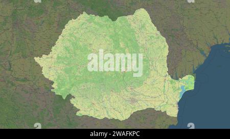 Romania highlighted on a topographic, OSM standard style map map with the country's capital ...