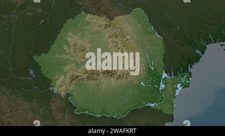 Romania highlighted on a Colored elevation map with lakes and rivers ...