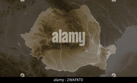 Romania highlighted on a Colored elevation map with lakes and rivers ...
