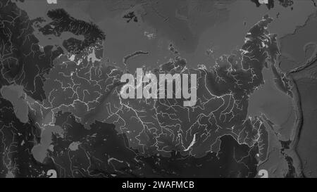 Russia highlighted on a Grayscale elevation map with lakes and rivers ...