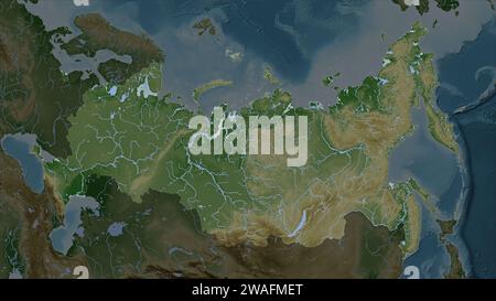 Russia highlighted on a Pale colored elevation map with lakes and ...