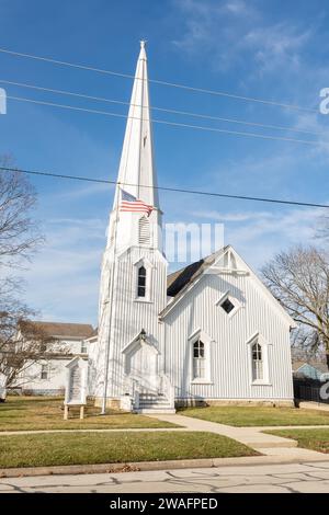The Dwight pioneer gothic church, built in 1857, in the morning sun ...