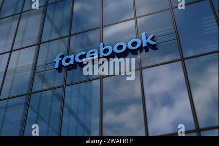 Menlo Park, USA, January 3, 2024: Facebook headquarters glass building ...