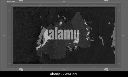 Rwanda highlighted on a Grayscale elevation map with lakes and rivers ...