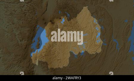 Rwanda highlighted on a elevation map colored in sepia tones with lakes ...