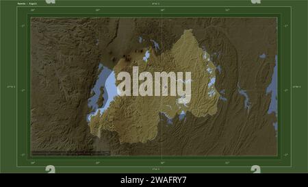 Rwanda highlighted on a Pale colored elevation map with lakes and ...