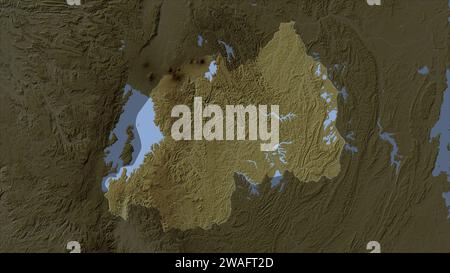 Rwanda highlighted on a Pale colored elevation map with lakes and ...