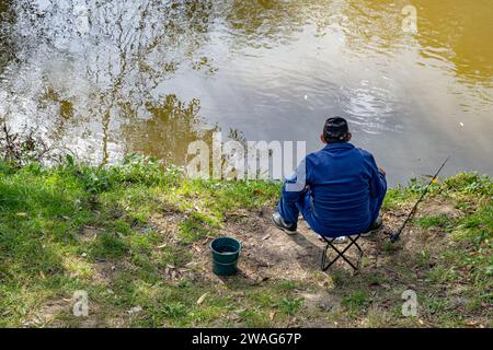 Sibiu City, Romania - 23 September 2023. fisherman with a fishing rod ...