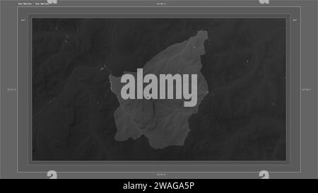 San Marino outlined on a Grayscale elevation map with lakes and rivers ...