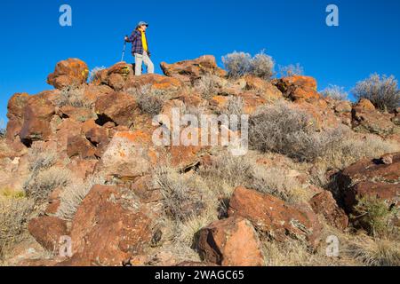 Hiker on scenic overlook, Hickison Petroglyphs Recreation Area, Mount ...