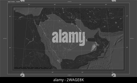 Saudi Arabia outlined on a Bilevel elevation map with lakes and rivers ...
