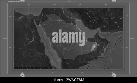 Saudi Arabia highlighted on a Grayscale elevation map with lakes and ...