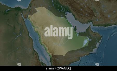 Saudi Arabia highlighted on a Pale colored elevation map with lakes and ...