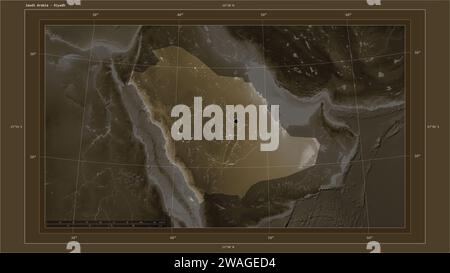 Saudi Arabia highlighted on a Colored elevation map with lakes and ...