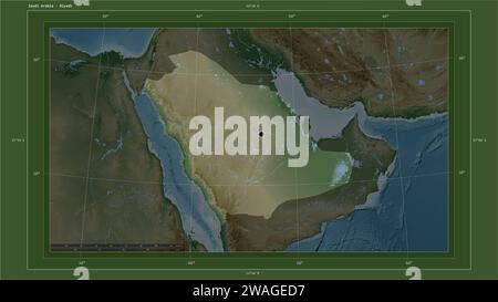 Saudi Arabia highlighted on a Pale colored elevation map with lakes and ...