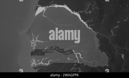 Senegal highlighted on a Grayscale elevation map with lakes and rivers ...