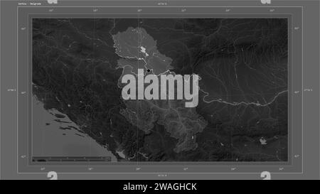 Serbia highlighted on a Grayscale elevation map with lakes and rivers ...