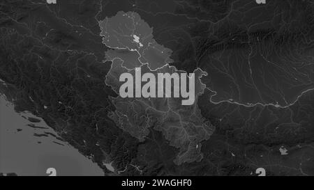 Serbia highlighted on a Grayscale elevation map with lakes and rivers ...