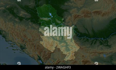 Serbia highlighted on a elevation map colored in sepia tones with lakes ...