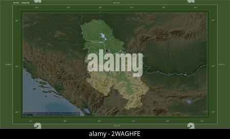 Serbia outlined on a Pale colored elevation map with lakes and rivers ...