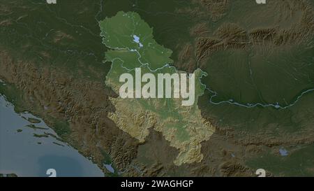Serbia highlighted on a Pale colored elevation map with lakes and ...