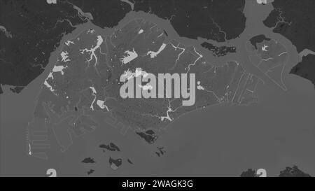 Singapore highlighted on a Grayscale elevation map with lakes and rivers map with the country's ...