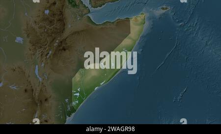 Somalia highlighted on a Pale colored elevation map with lakes and ...