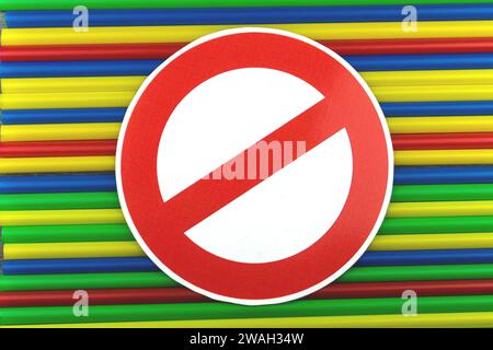 colorful plastic straws with probibition sign Stock Photo - Alamy