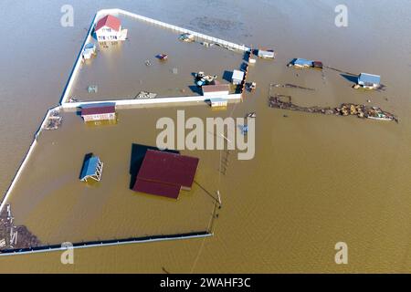 Aerial view of farm plots flooded during spring river flood Stock Photo ...