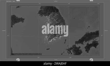 South Korea highlighted on a Grayscale elevation map with lakes and ...