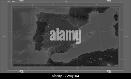 Spain highlighted on a Grayscale elevation map with lakes and rivers ...