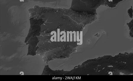 Spain highlighted on a Grayscale elevation map with lakes and rivers ...